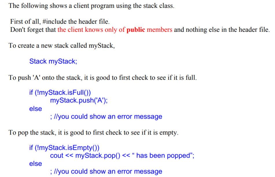 Solved The following shows a client program using the stack | Chegg.com