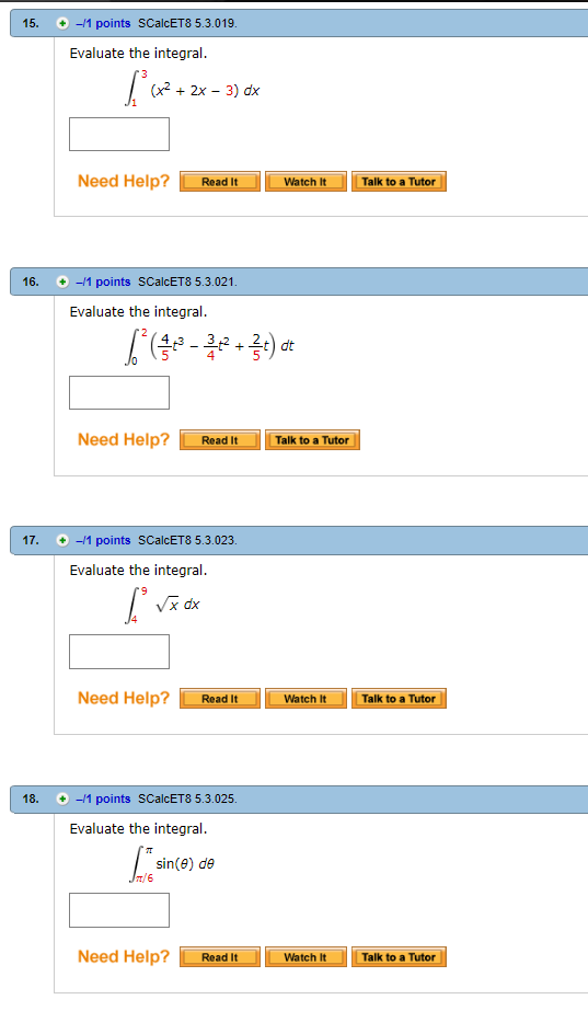 Solved 15. + ㅢ1 points SCalcET8 5.3.019 Evaluate the | Chegg.com
