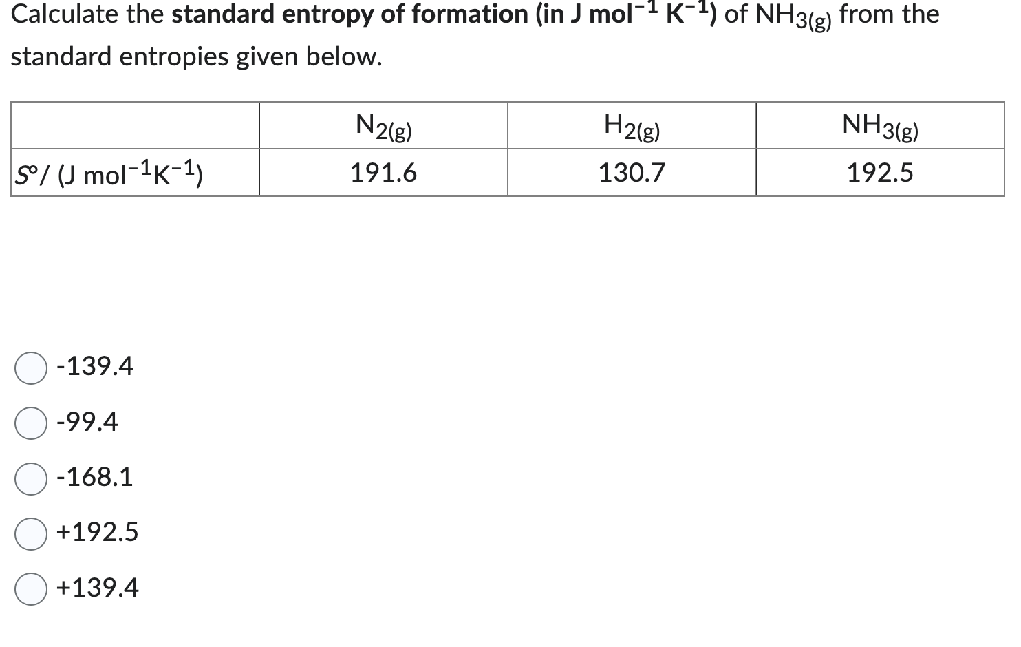 Solved Jmol-1K-1 NH3(g) ﻿from thestandard entropies given | Chegg.com