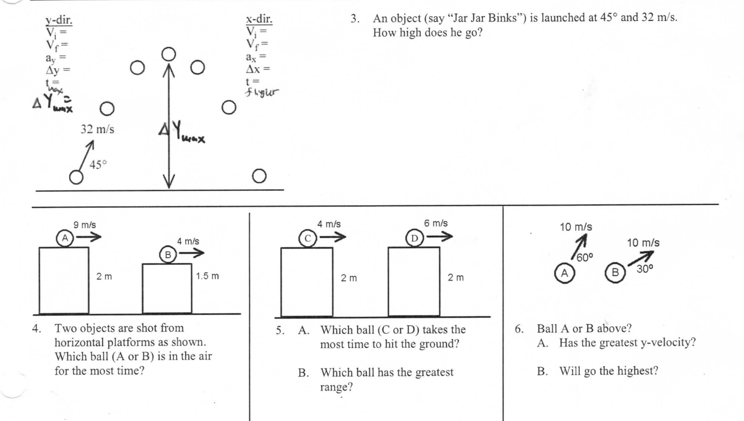 Solved 3. An object (say "Jar Jar Binks") is launched at 45∘ | Chegg.com