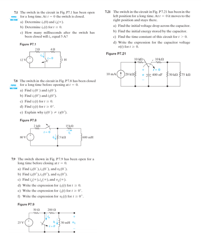 Solved 7.1 The switch in the circuit in Fig. P7.1 has been | Chegg.com