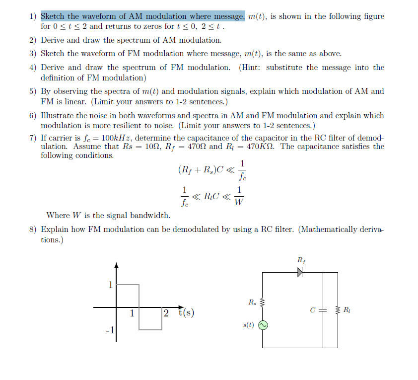 1) Sketch the waveform of AM modulation where | Chegg.com