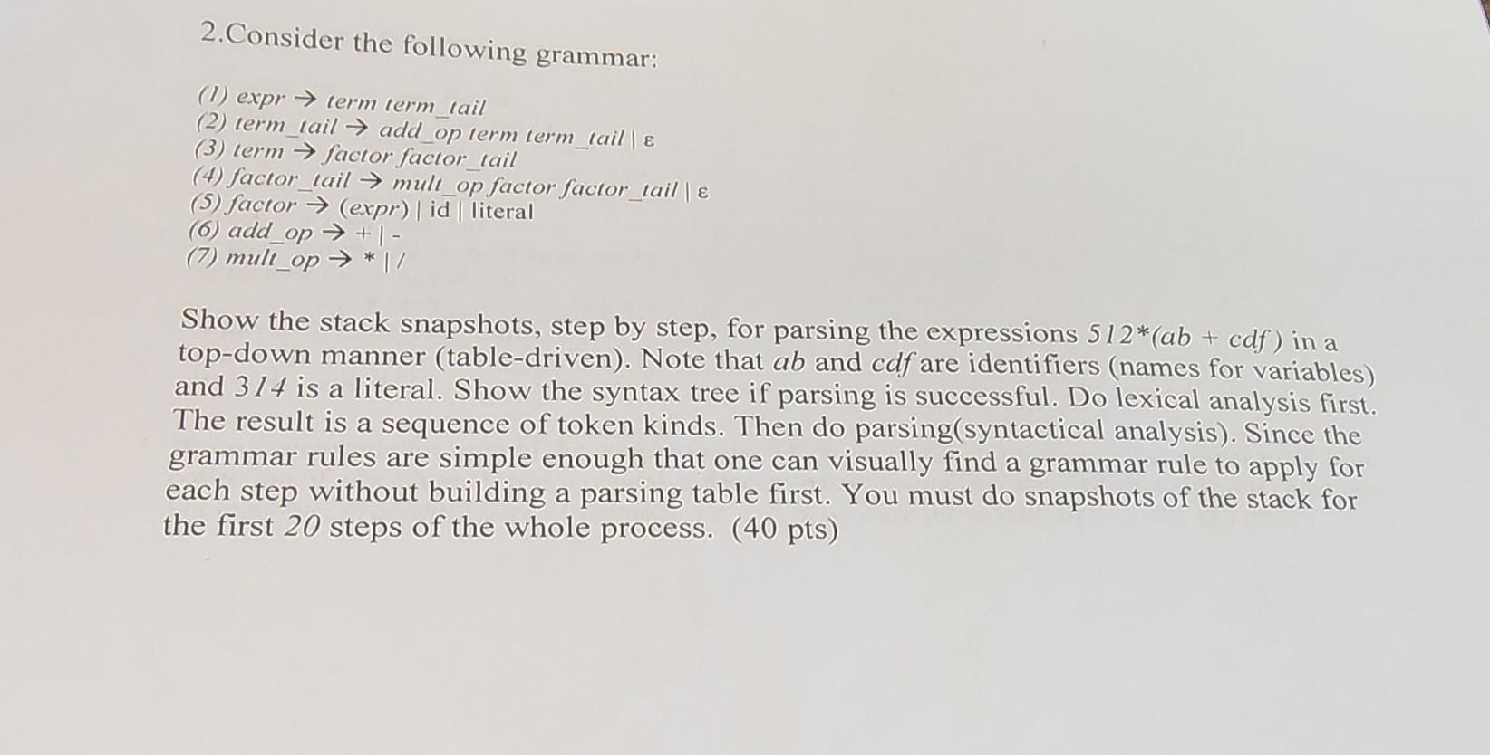 Solved 2. Consider the following grammar: (1) expr → term | Chegg.com