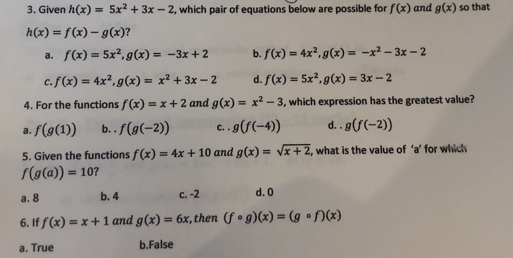 Solved 3. Given h(x) = 5x2 + 3x - 2, which pair of equations | Chegg.com