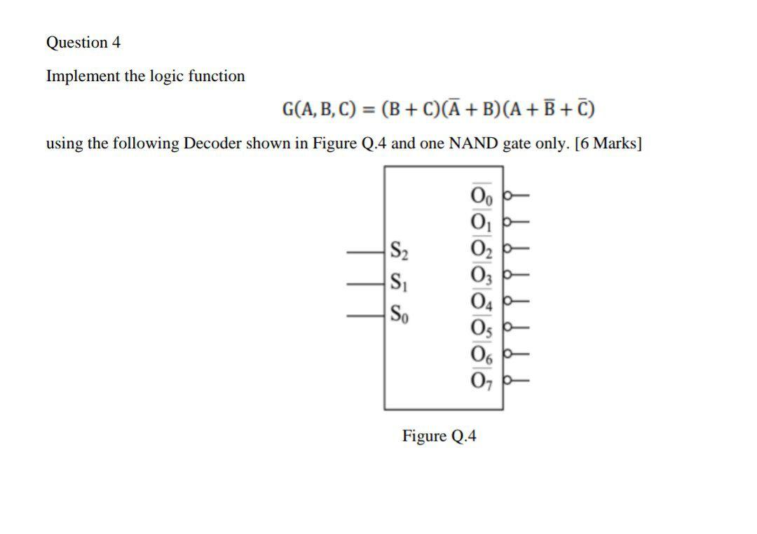 Solved Question 4 Implement the logic function G(A, B, C) = | Chegg.com