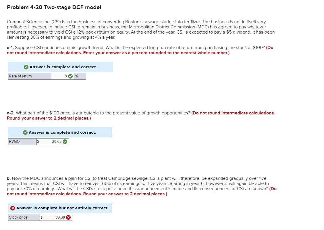Solved Problem 4-20 Two-stage DCF model Compost Science Inc. | Chegg.com