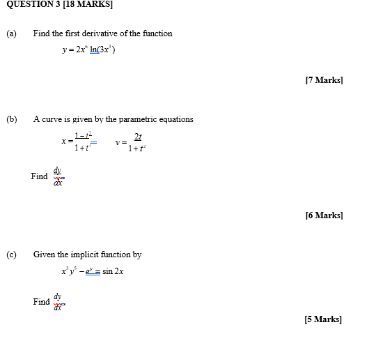 Solved QUESTION 3 [18 MARKS] Find the first derivative of | Chegg.com