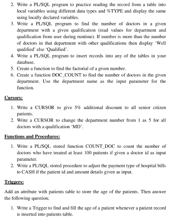 Solved Hospital Database Doctor (Doc_ID, Doc_Name, Gender, | Chegg.com