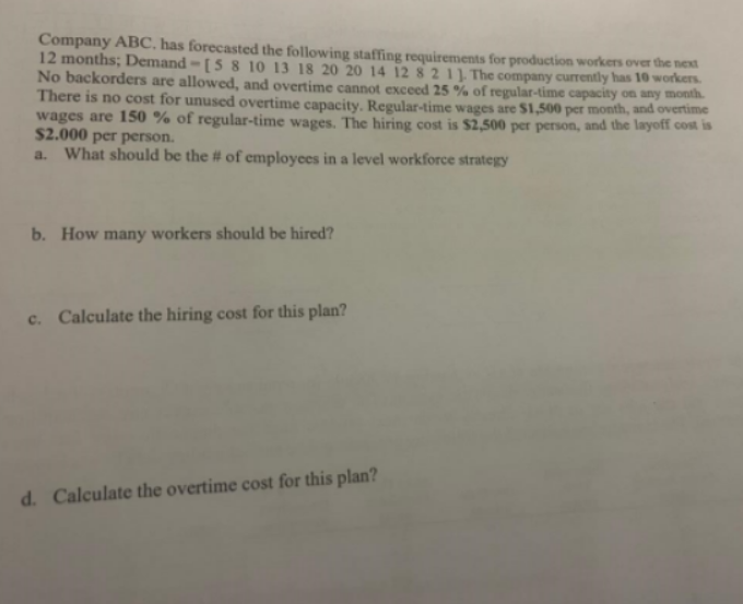 Solved Company ABC, has forecasted the following staffing | Chegg.com