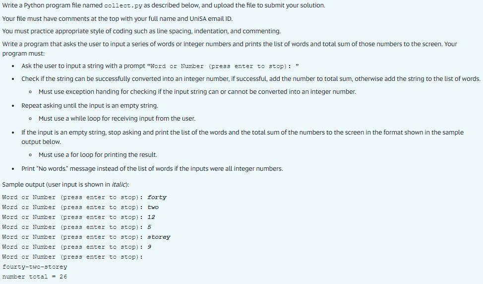 Solved Write a Python program file named collect.py as | Chegg.com