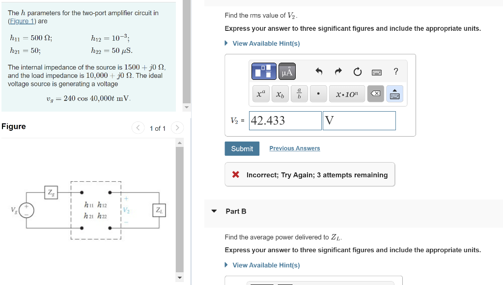 Solved The h parameters for the two-port amplifier circuit | Chegg.com