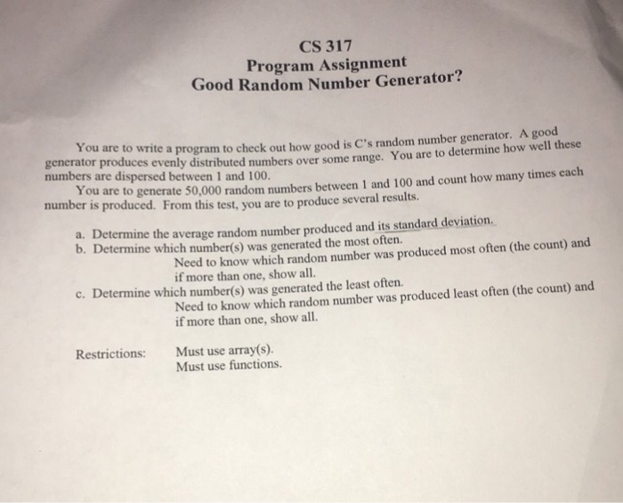 Solved CS 317 Program Assignment Good Random Number | Chegg.com