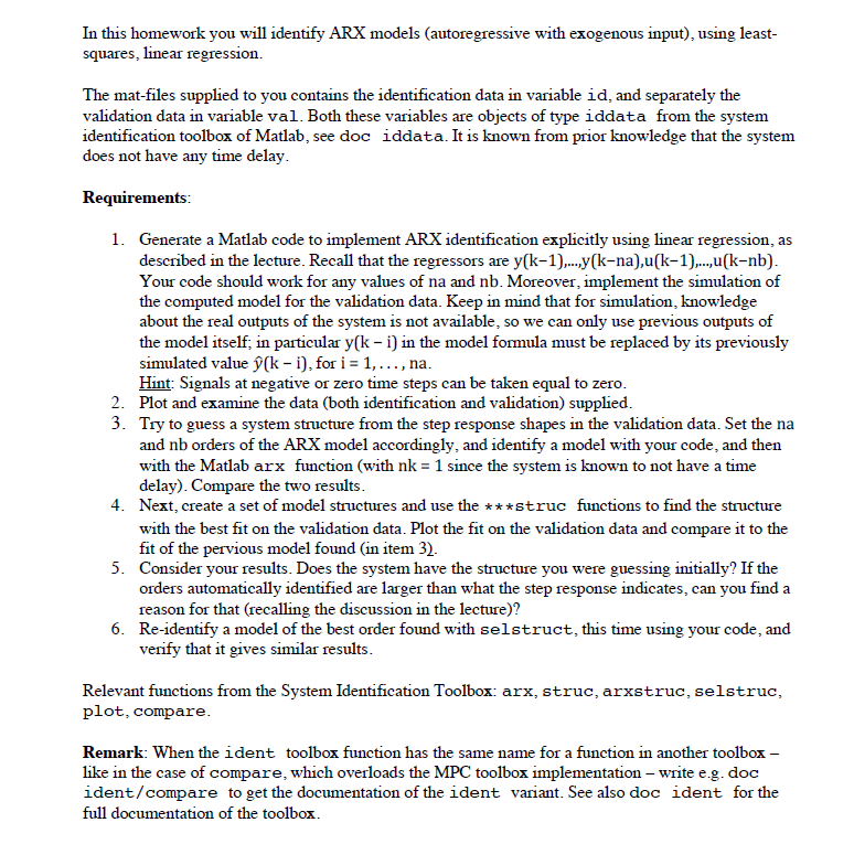 Solved In this homework you will identify ARX models | Chegg.com