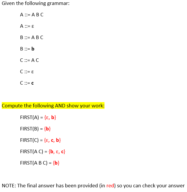 Solved Given the following grammar: A::= ABC A::= E B::= ABC | Chegg.com