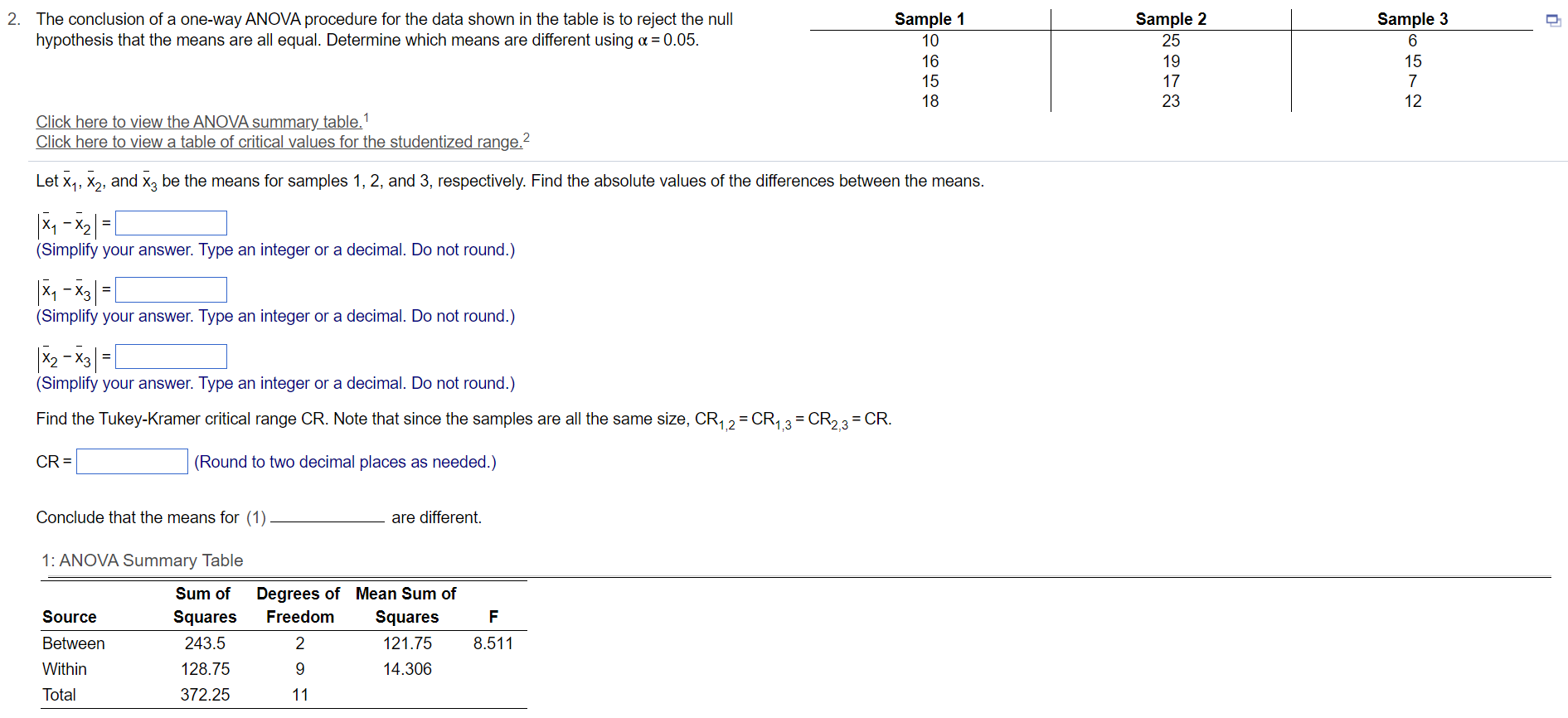 Solved 2. The conclusion of a one-way ANOVA procedure for | Chegg.com
