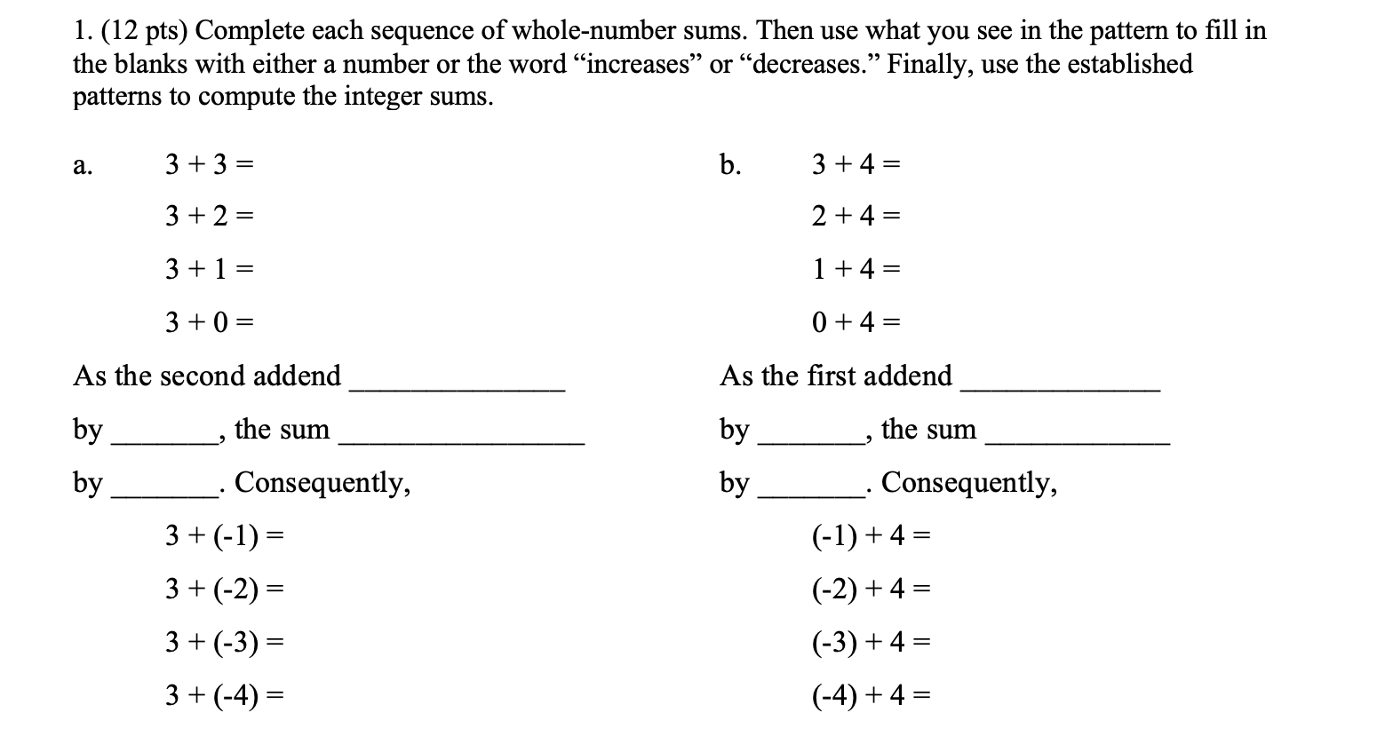 Solved 1. (12 pts) Complete each sequence of whole-number | Chegg.com