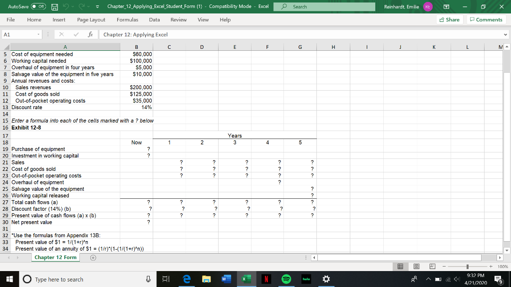 Solved AutoSave On 2 9 Chapter_12_Applying_Excel_Student | Chegg.com