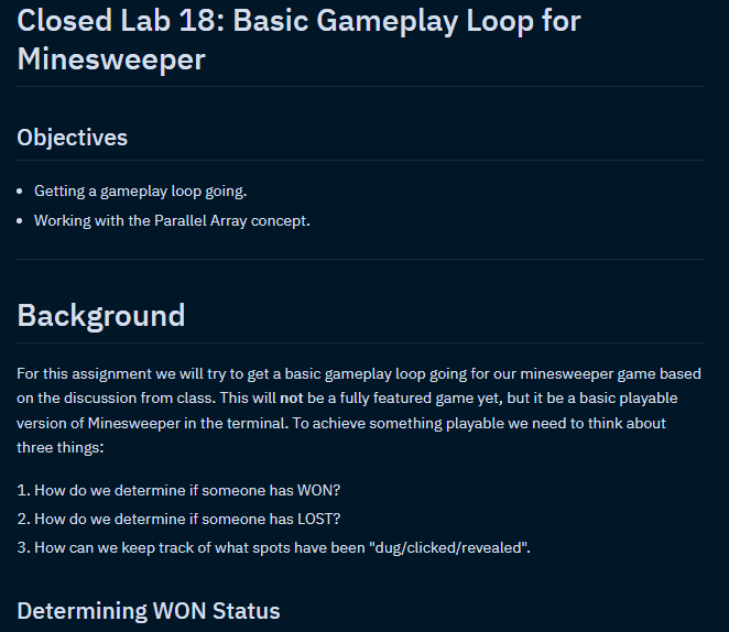 Solved Closed Lab 18: Basic Gameplay Loop for Minesweeper | Chegg.com