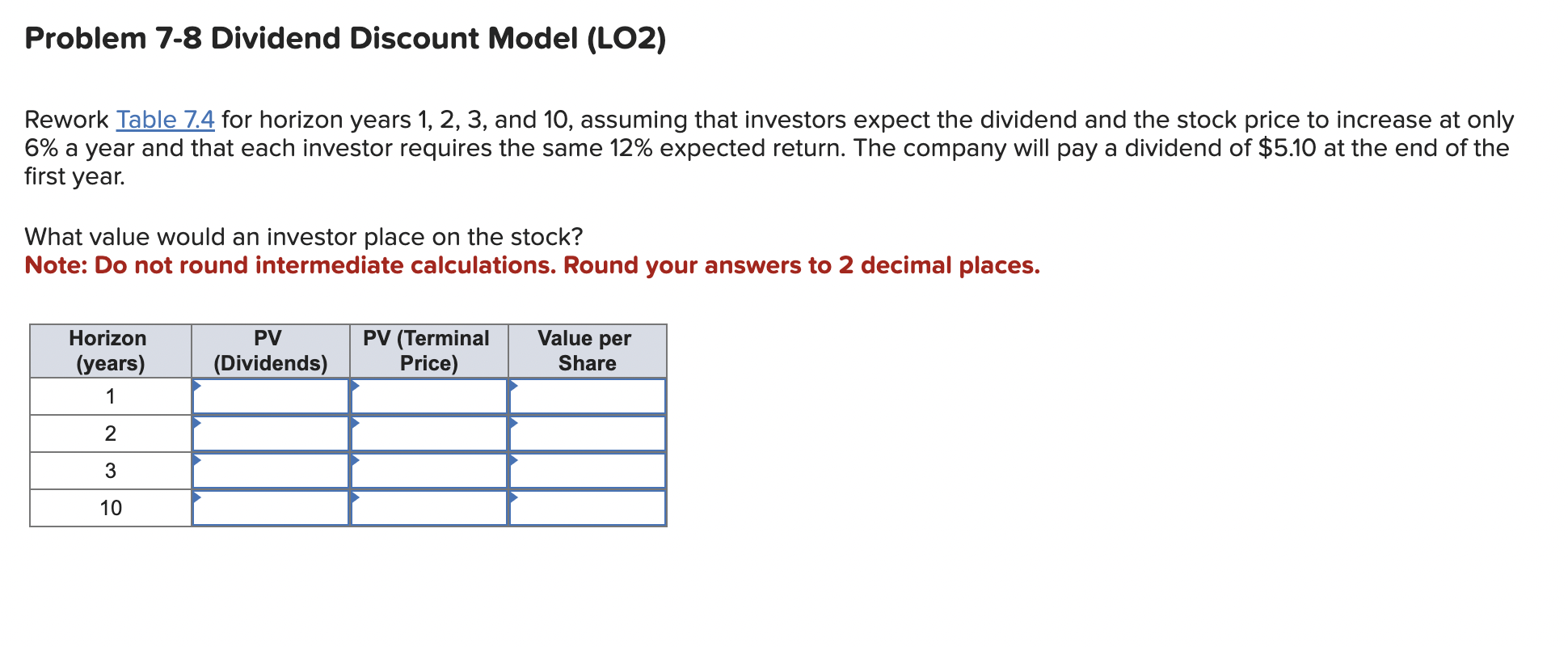 Solved Rework Table 7.4 for horizon years 1,2,3, and 10, | Chegg.com