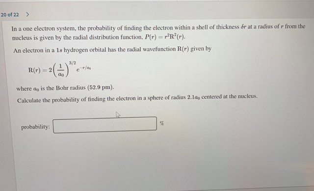 Solved 20 of 22 > In a one electron system, the probability | Chegg.com