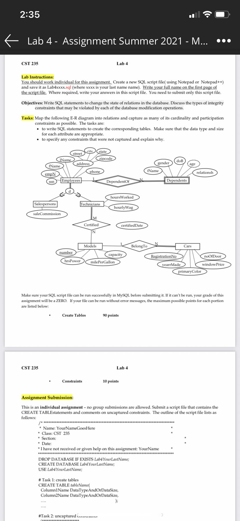Solved 2:35 Lab 4 - Assignment Summer 2021 - M... 000 CST | Chegg.com