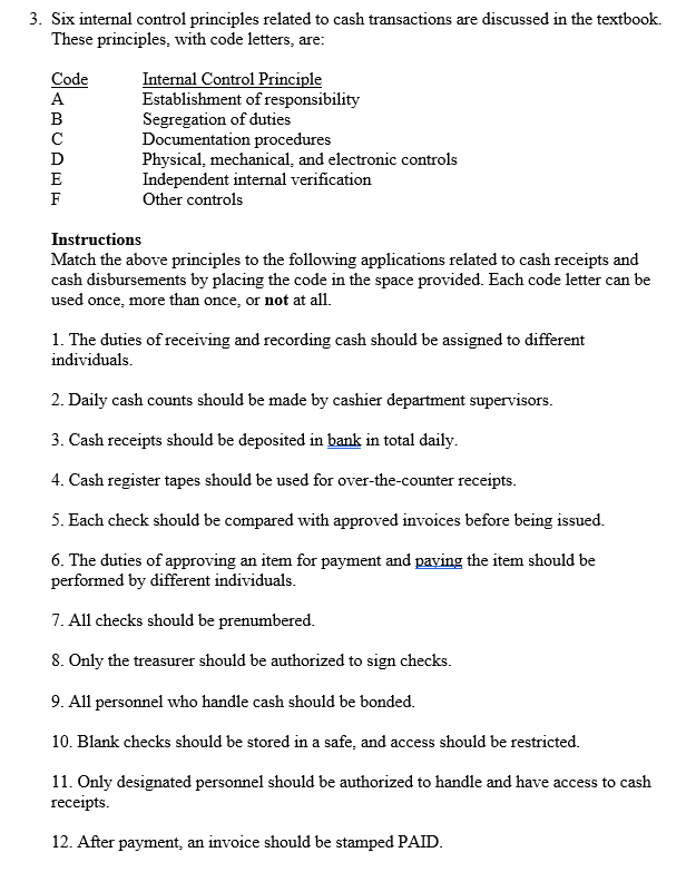 Solved 3. Six internal control principles related to cash | Chegg.com