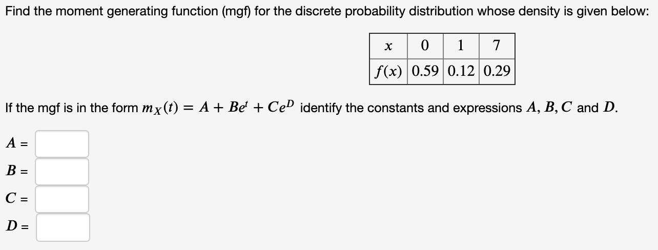 Solved Find the moment generating function (mgf) for the | Chegg.com
