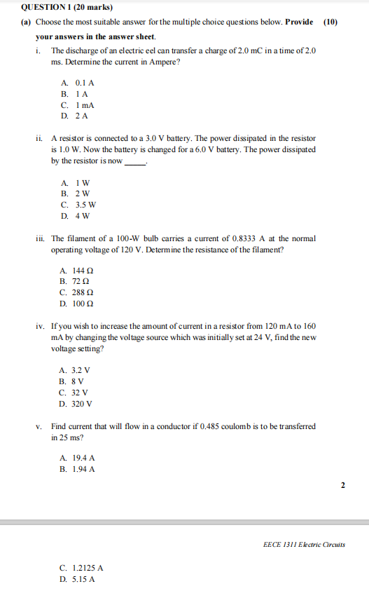 Solved SUBJECT: FUNDAMENTAL OF ELECTRIC CIRCUIT ANSWER ALL | Chegg.com