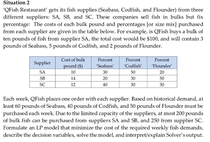 Solved Situation 2 'QFish Restaurant' gets its fish supplies | Chegg.com