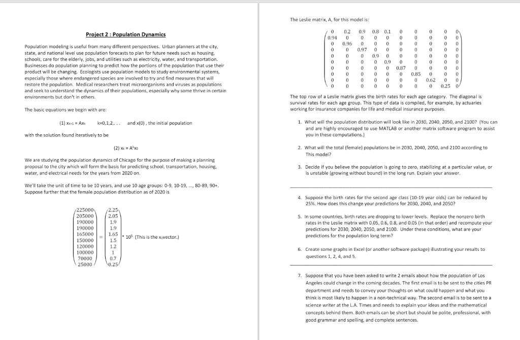 The Leslie matrix, A, for this modelis: Project 2 : | Chegg.com