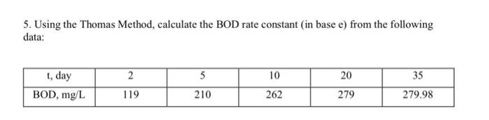 Solved Using the Thomas Method, calculate the BOD rate | Chegg.com