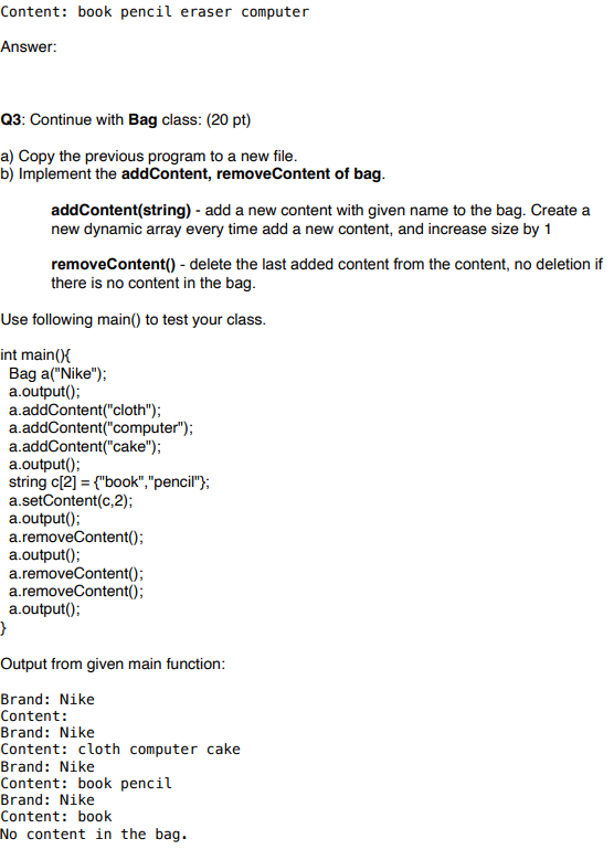 Solved Q1 Implement A Class Called Bag As Specified 20 