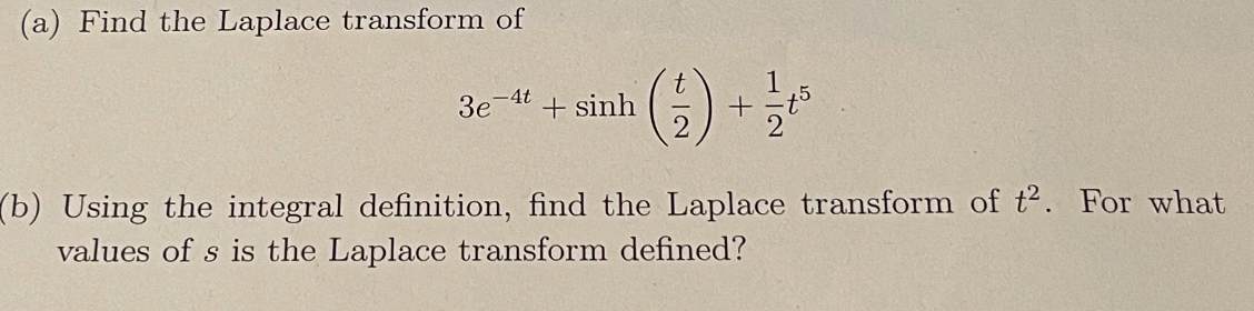 Solved (a) Find the Laplace transform of 3e−4t+sinh(2t)+21t5 | Chegg.com