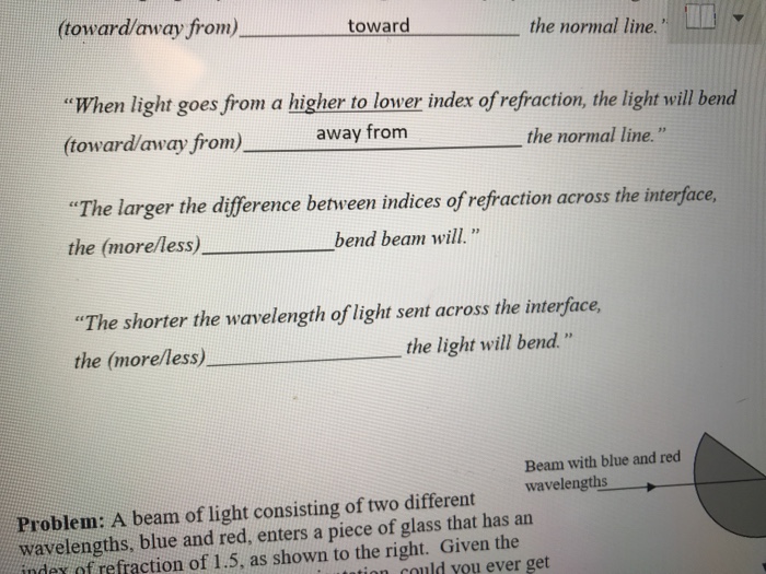 Solved (toward/away from) toward the normal line. When light | Chegg.com