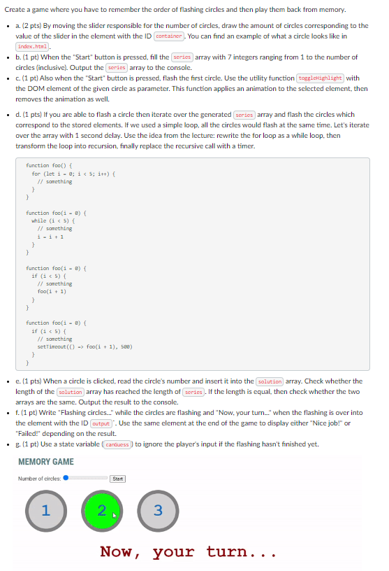 Create a game where you have to remember the order of | Chegg.com