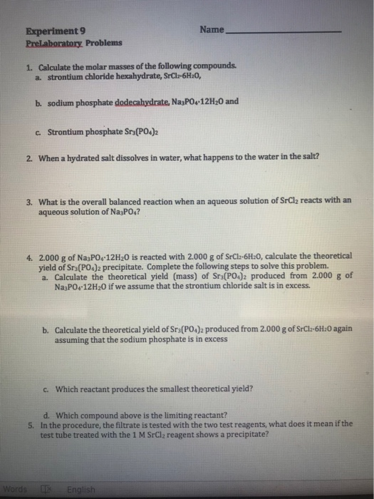 Solved Name Experiment 9 Prelaboratory Problems 1. Calculate | Chegg.com