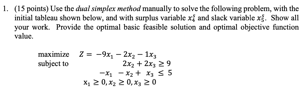 Solved (15 points) Use the dual simplex method manually to | Chegg.com
