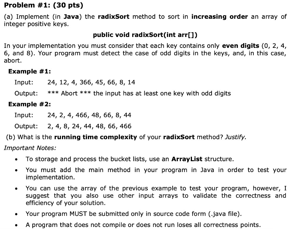 Solved Problem #1: (30 pts) (a) Implement in Java) the | Chegg.com
