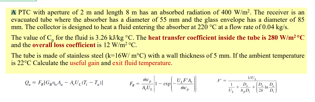Solved A PTC with aperture of 2 m and length 8 m has an | Chegg.com