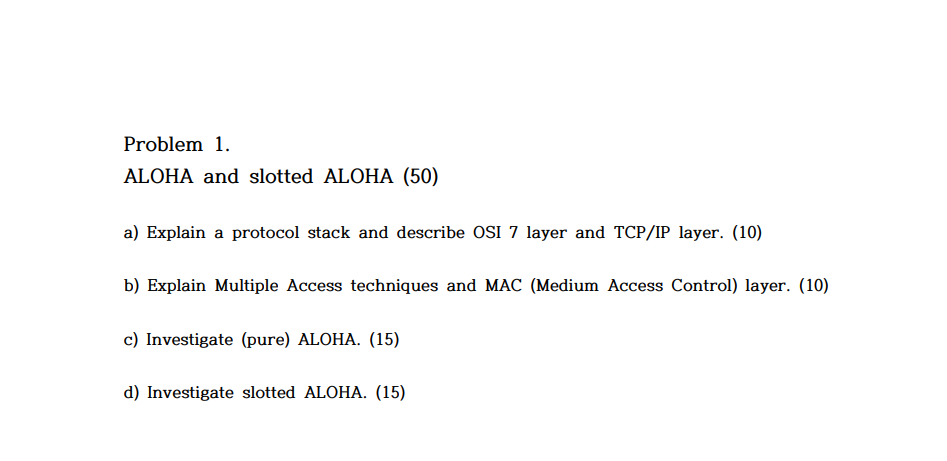 Solved Problem 1. ALOHA and slotted ALOHA (50) a) Explain a | Chegg.com