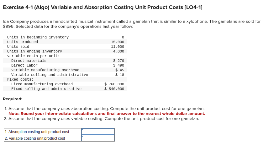 Solved Exercise 4-1 (Algo) Variable and Absorption Costing | Chegg.com