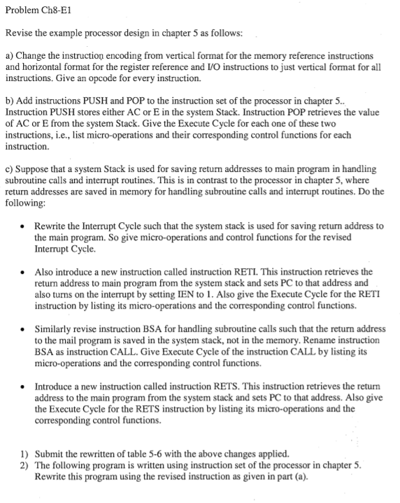 Problem Ch8-E1 Revise the example processor design in | Chegg.com