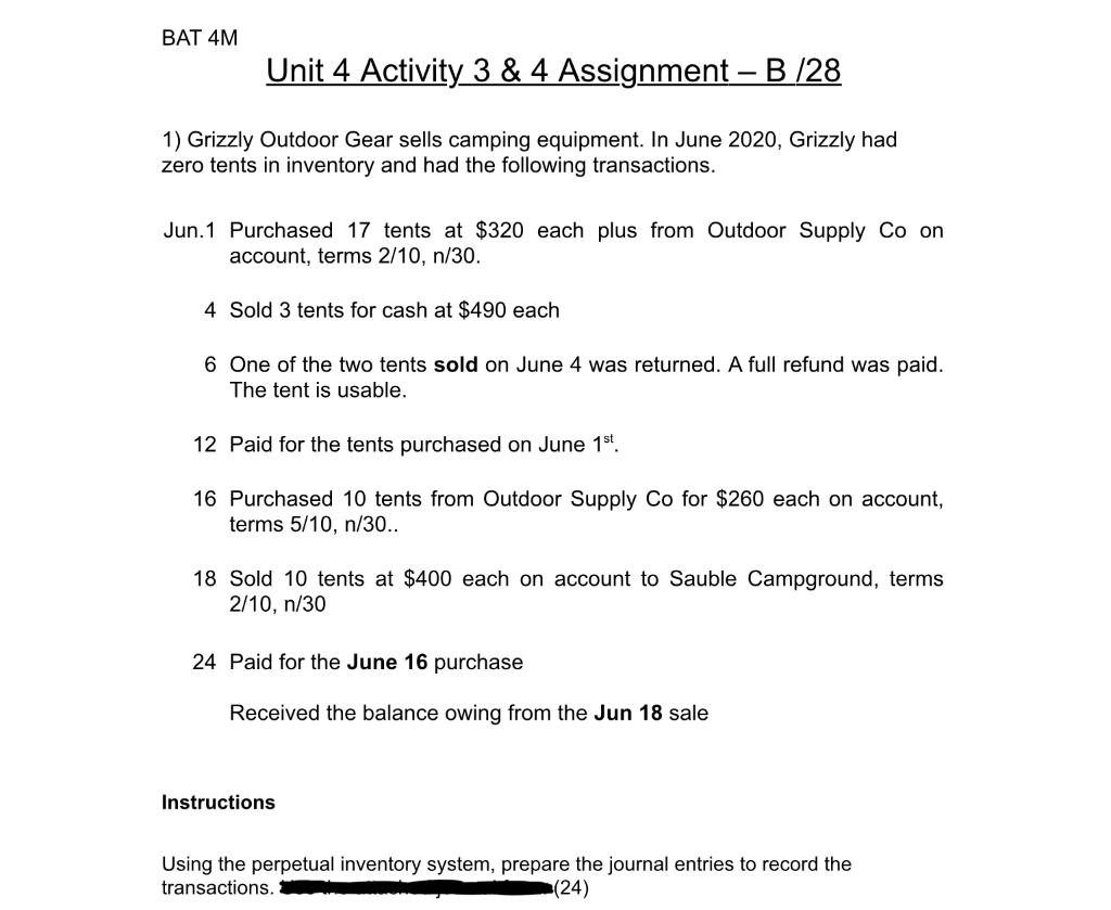 Solved BAT 4M Unit 4 Activity 3 & 4 Assignment – B /28 1) | Chegg.com