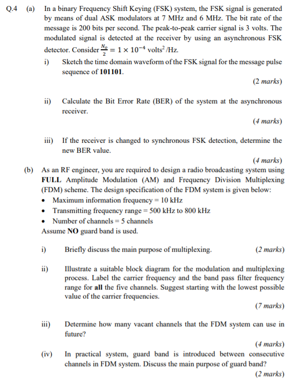 Solved Q.4 (a) In a binary Frequency Shift Keying (FSK) | Chegg.com