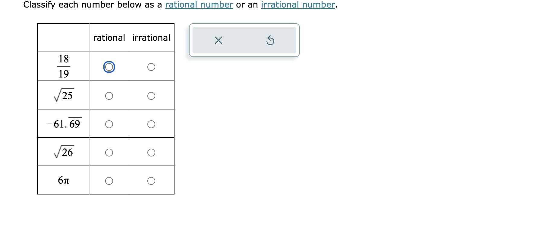 Solved Classify each number below as a rational number or an | Chegg.com