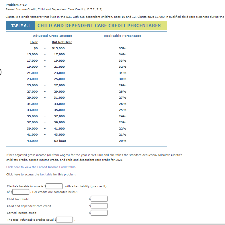 Problem 7-10 Earned Income Credit, Child and | Chegg.com
