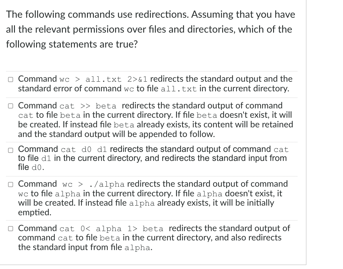 Solved The following commands use redirections. Assuming | Chegg.com