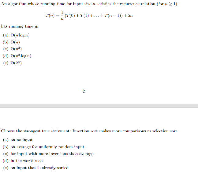 Solved An Algorithm Whose Running Time For Input Size N 0948