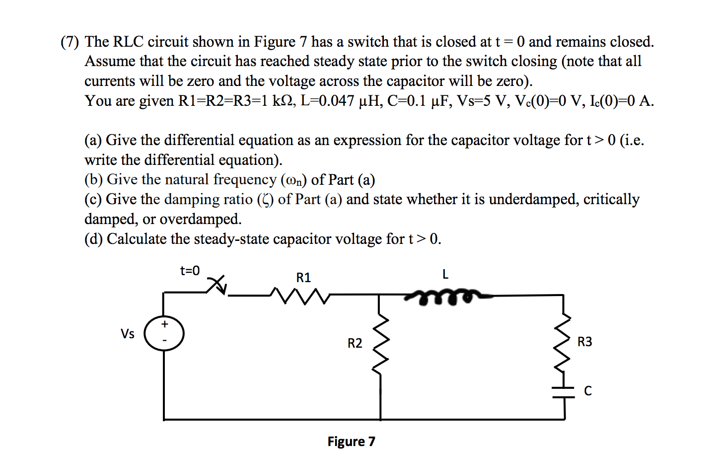 Solved (7) The RLC circuit shown in Figure 7 has a switch | Chegg.com