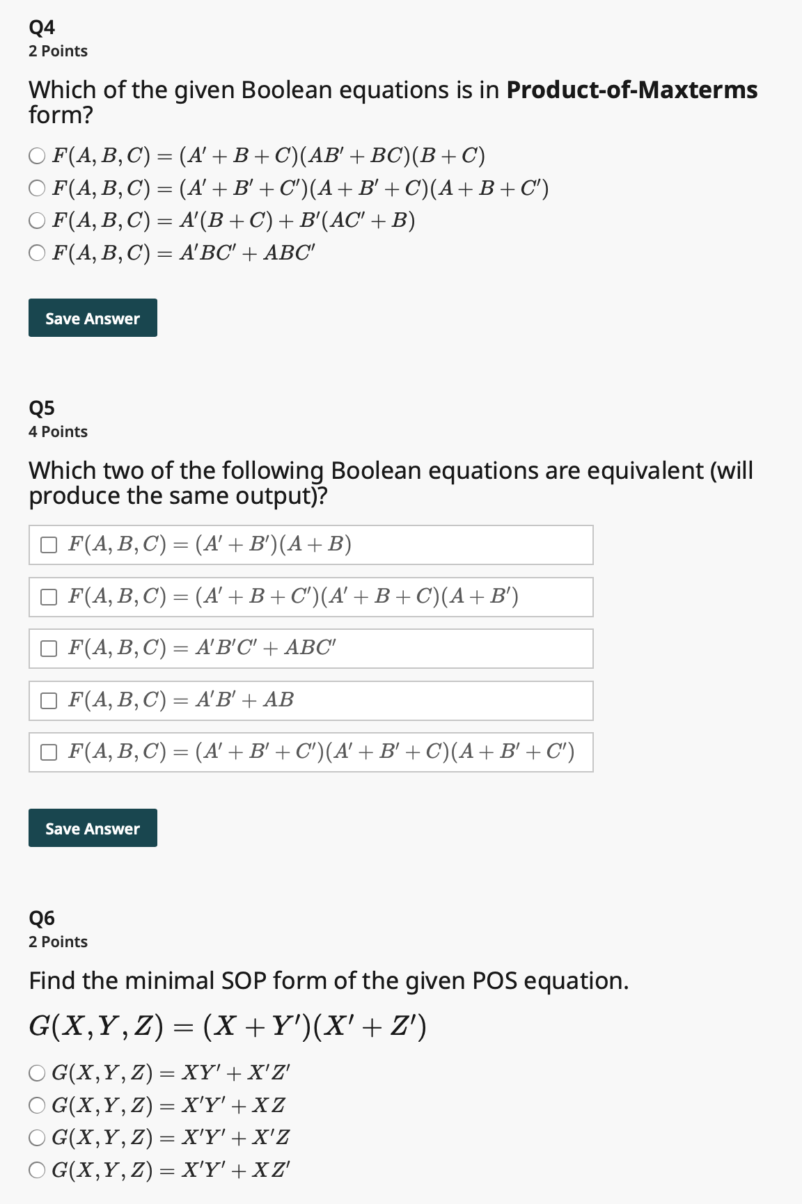 Solved Q4 2 Points Which of the given Boolean equations is | Chegg.com